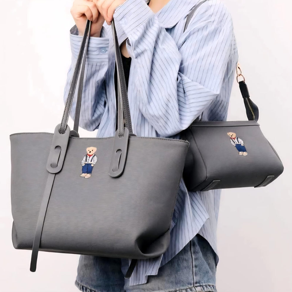 GUOO BEAR Canvas Embroidered Shoulder Bag - Grey – Opulent Trends Australia